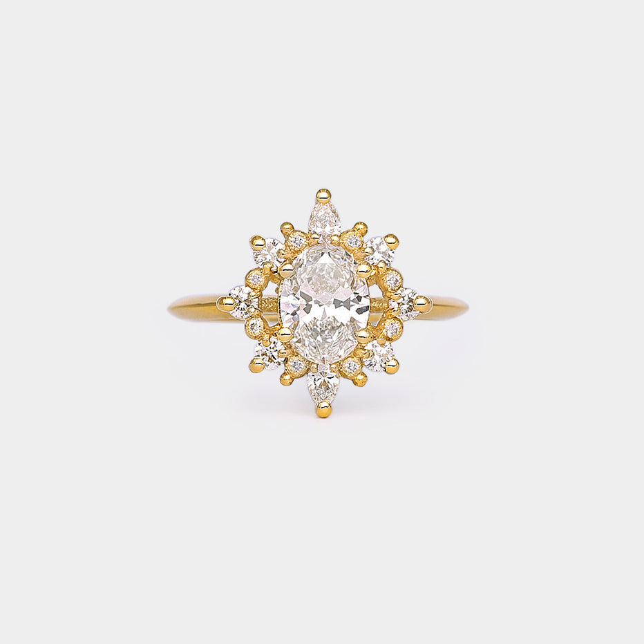 Sunray Halo Diamond ring - oval natural white diamond – James & Irisa