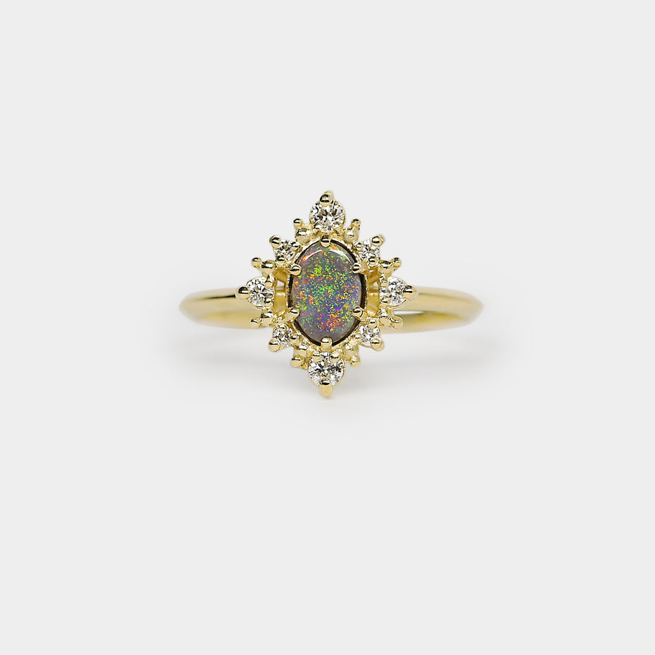 Mini Sunray Halo opal ring - 6x4mm oval black opal – James & Irisa